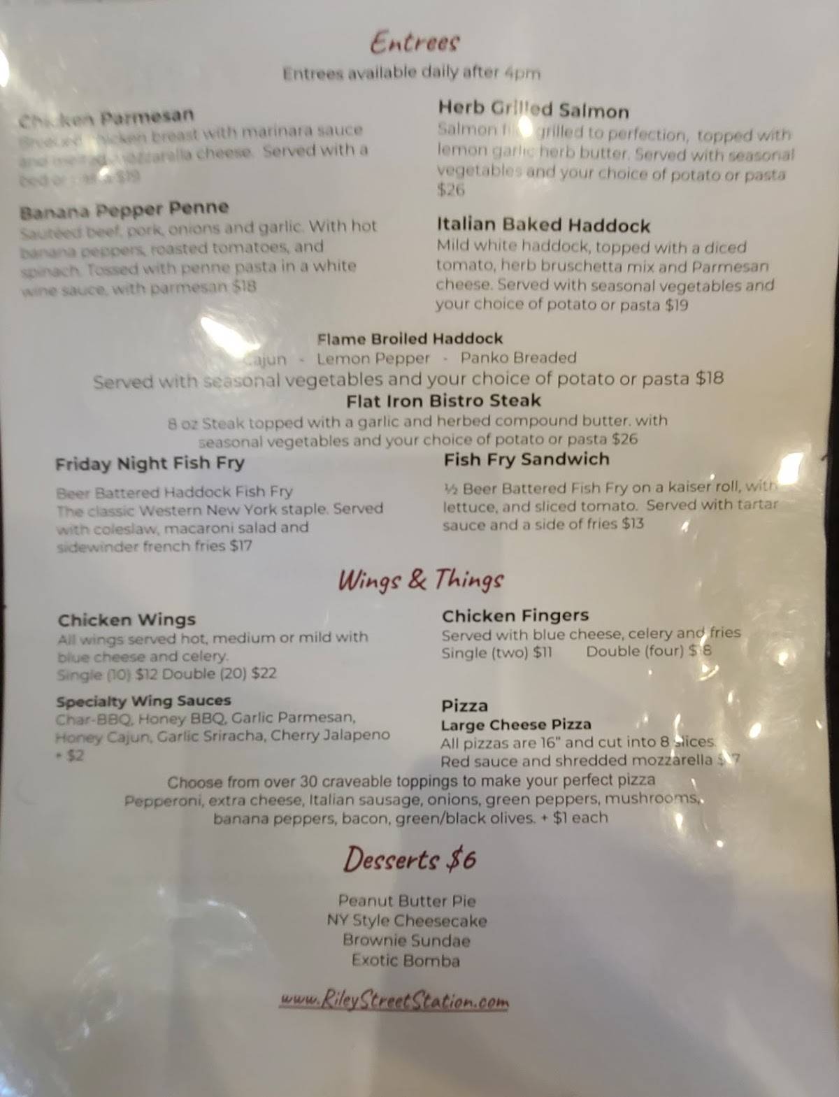 Menu at Riley Street Station pub & bar, East Aurora