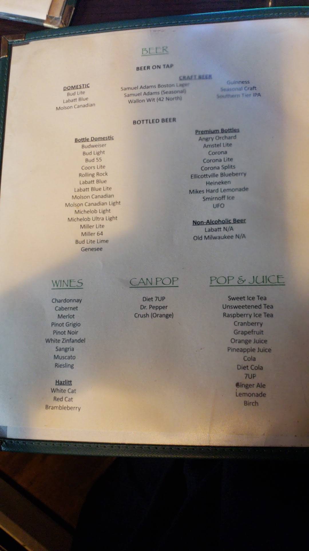 Menu at Wallenwein's Hotel pub & bar, East Aurora