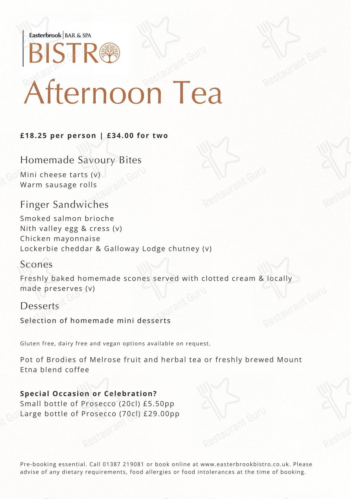 Menu at Easterbrook Bistro, Bar & Spa, Dumfries, The Crichton