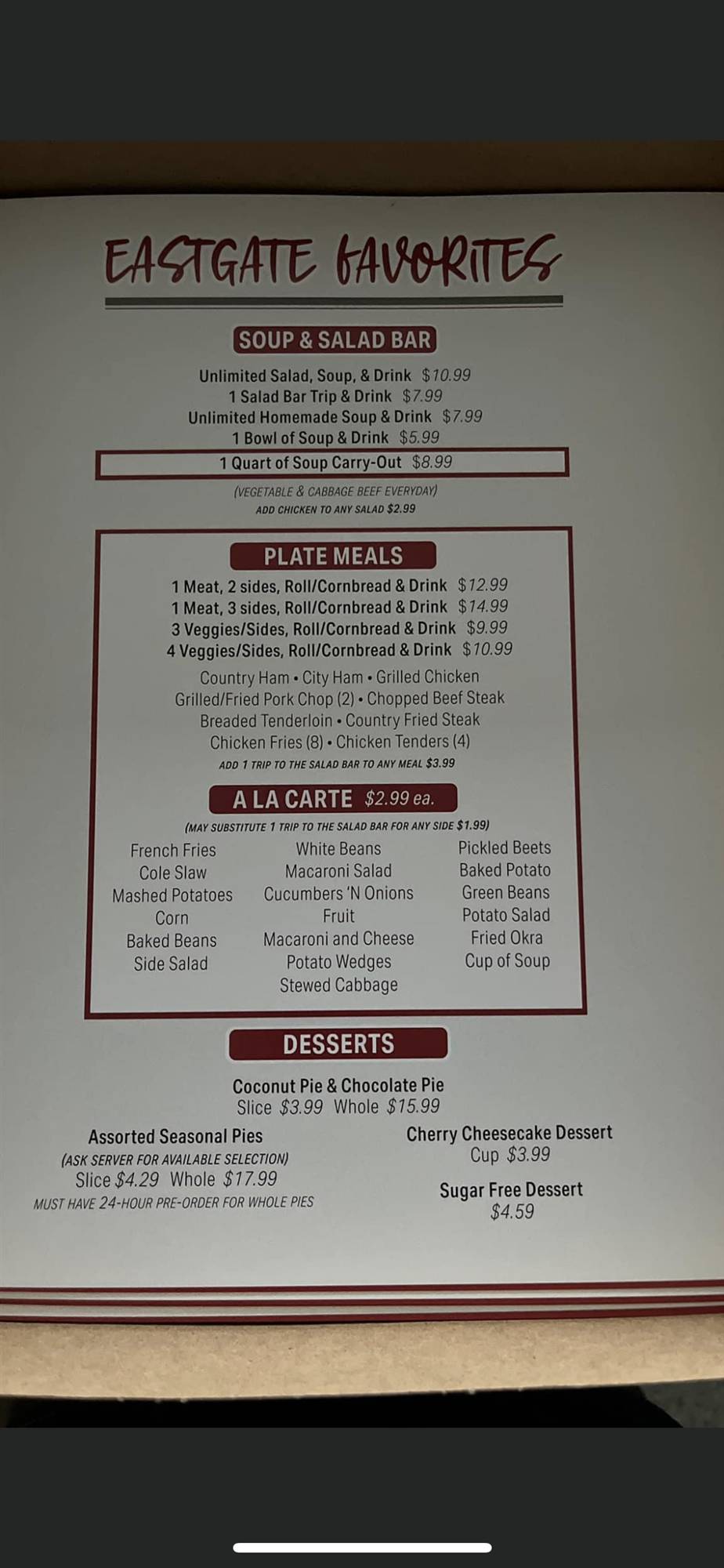Menu at Eastgate Family Restaurant, Henderson