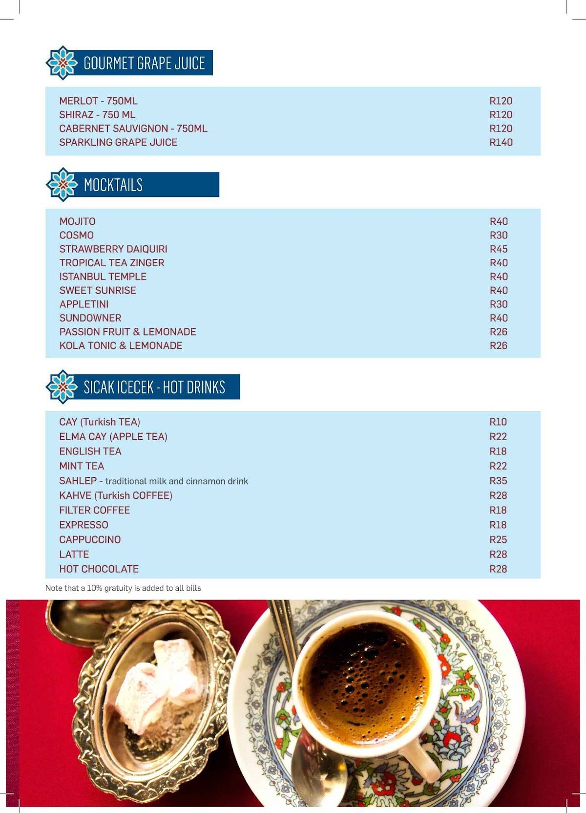 Menu at EatStanbul restaurant, Cape Town