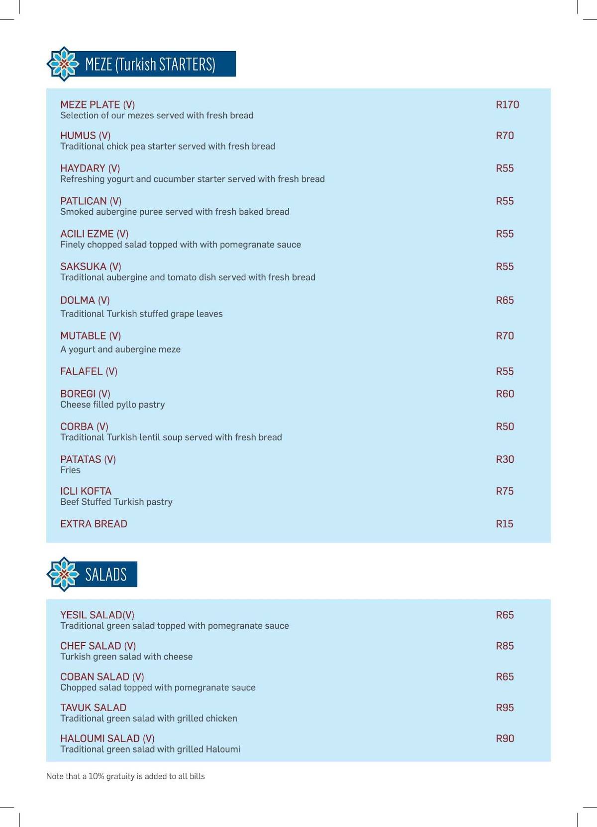 Menu at EatStanbul restaurant, Cape Town