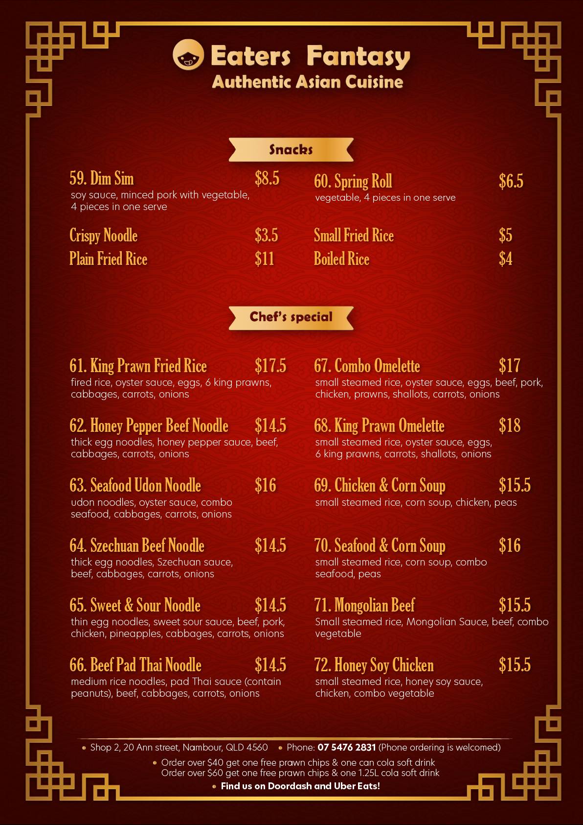 Menu at Eaters Fantasy Asian Food Restaurant, Nambour, 2/20 Ann St