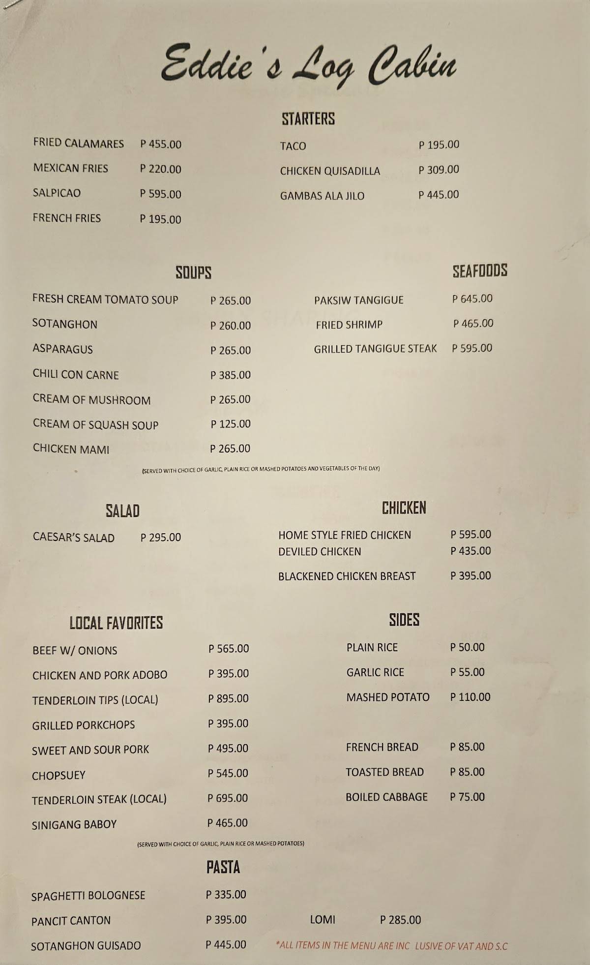 Menu at Eddie's Log Cabin restaurant, Cebu City