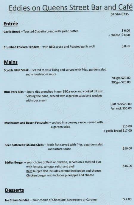 Menu at Eddy's Bar & Cafe, Lower Hutt