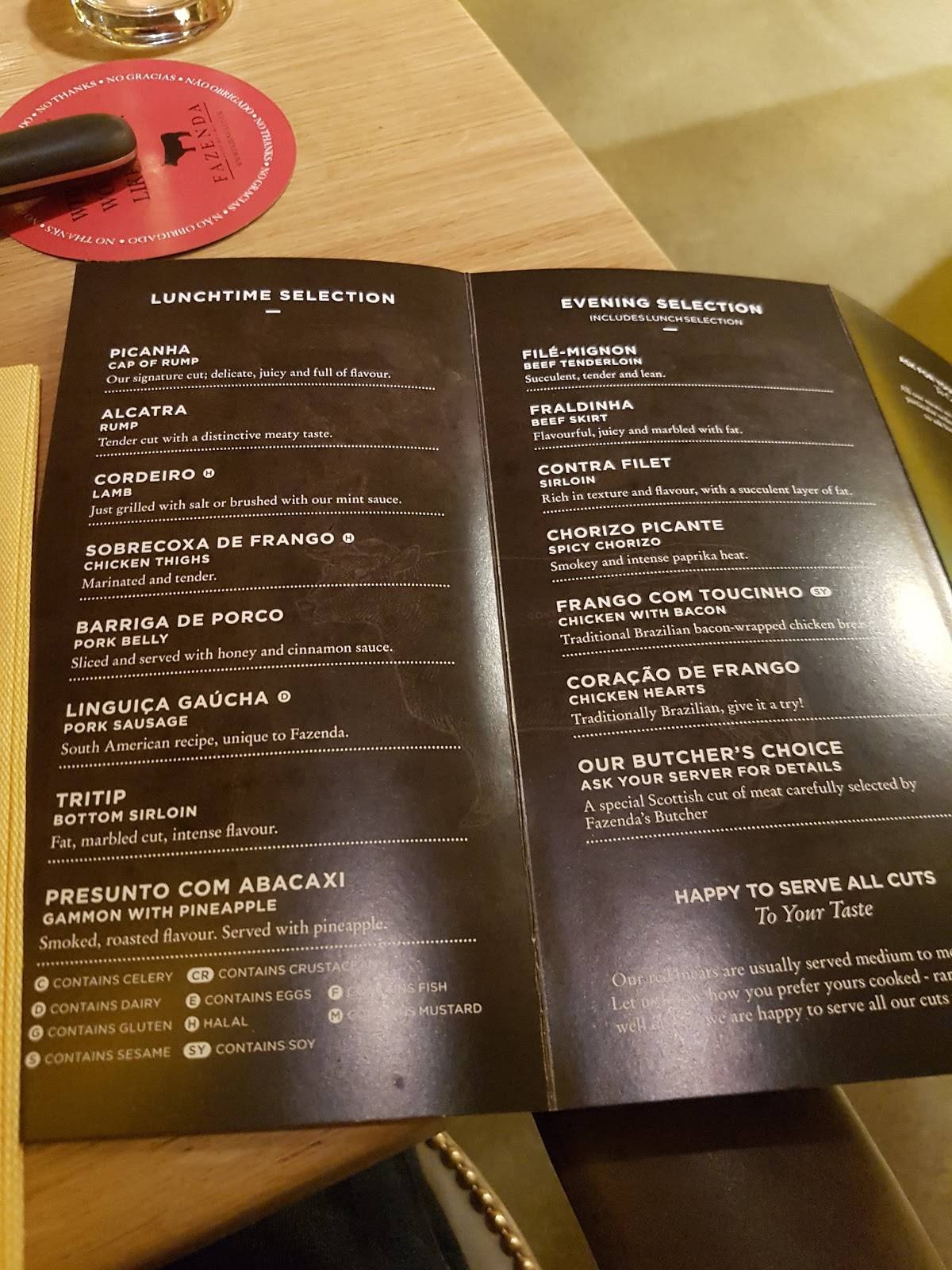 Menu at Fazenda Rodizio Bar & Grill, Edinburgh