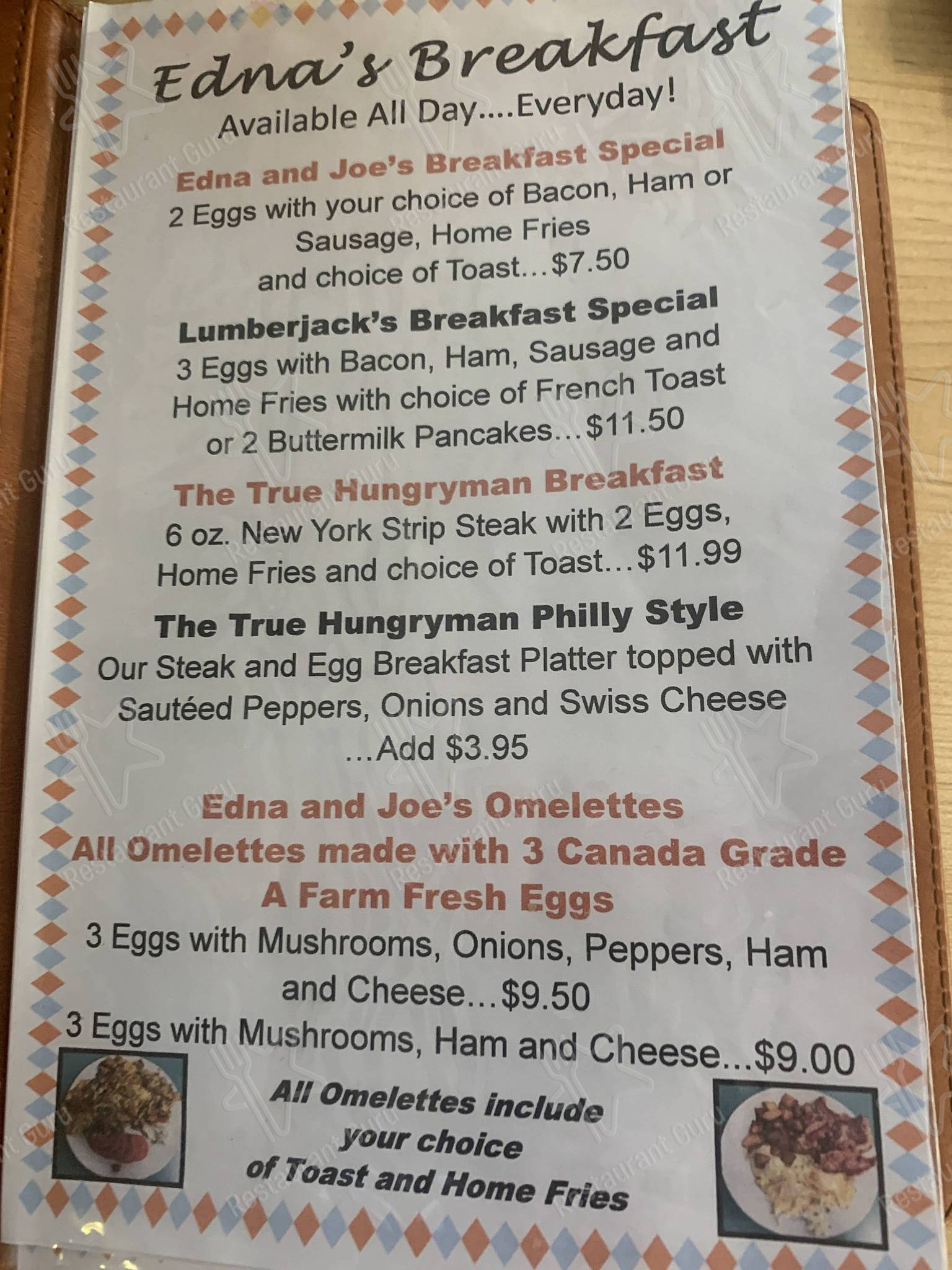 Menu at Edna's Restaurant, Lakeshore
