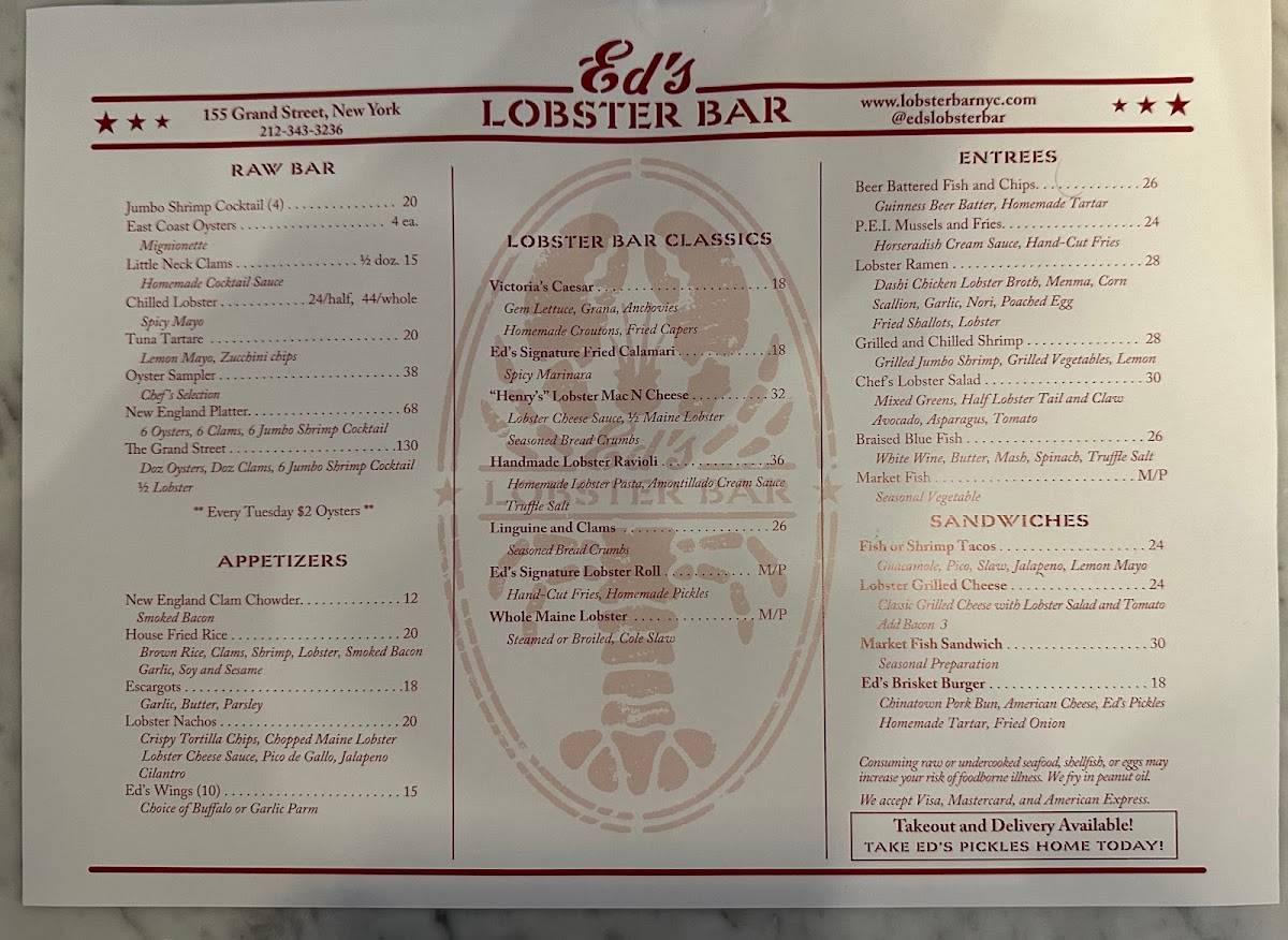 Menu at Ed's Lobster Bar, New York City, 155 Grand St