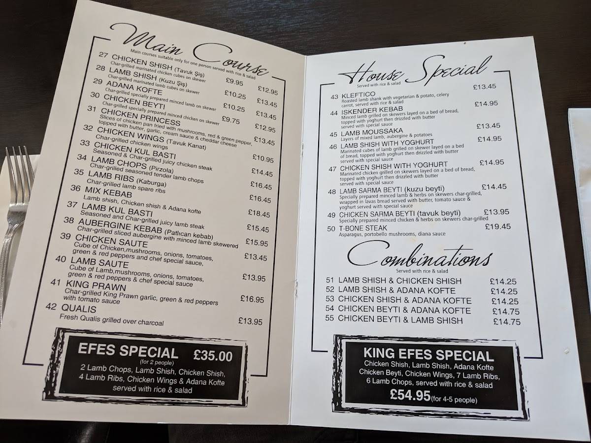 Menu at Efes BBQ, Dunstable