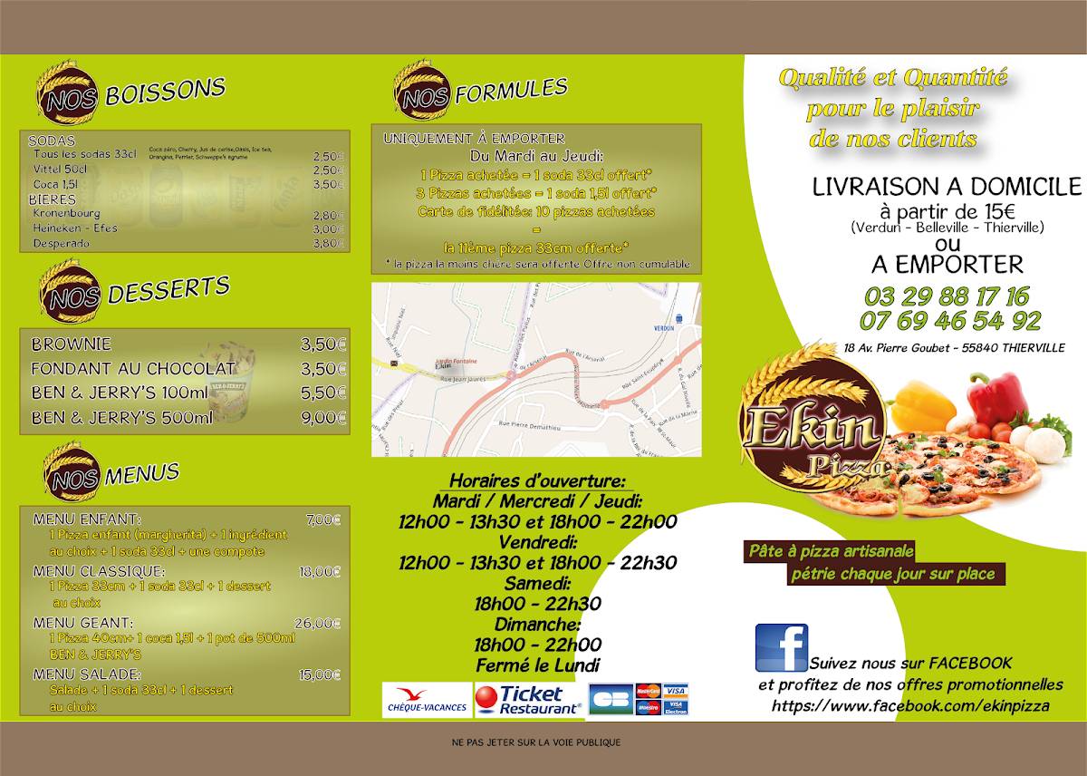 Menu au Ekin Pizzeria Thierville-sur-Meuse Verdun, Thierville-sur-Meuse