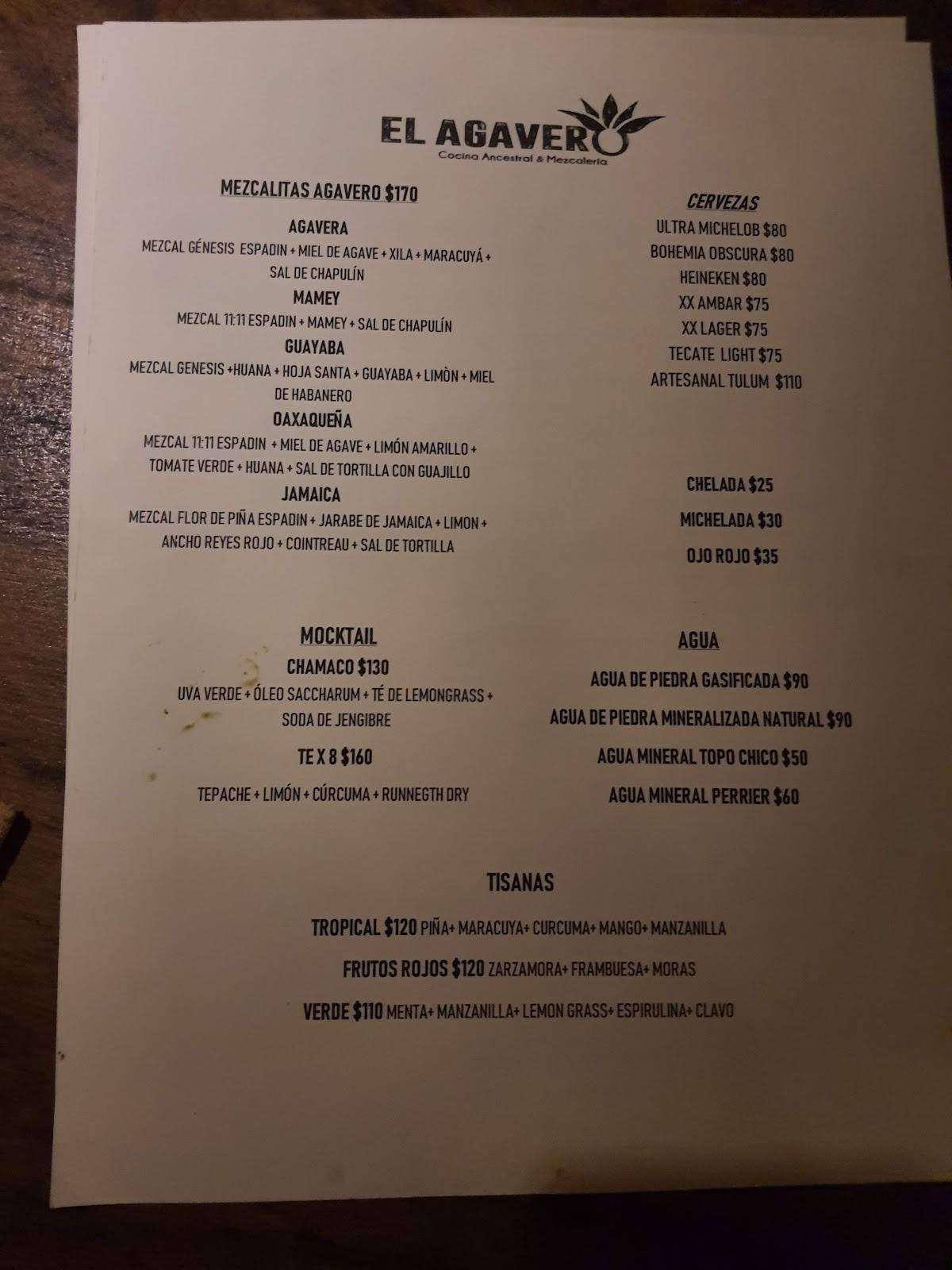 Menu at El Agavero Cocina Ancestral & Mezcaleria restaurant, Tulum
