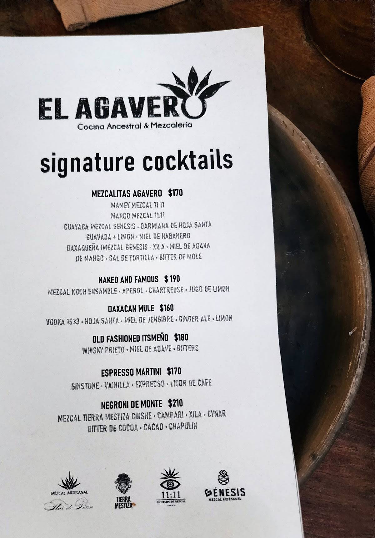 Carta del restaurante El Agavero Cocina Ancestral & Mezcaleria, Tulum