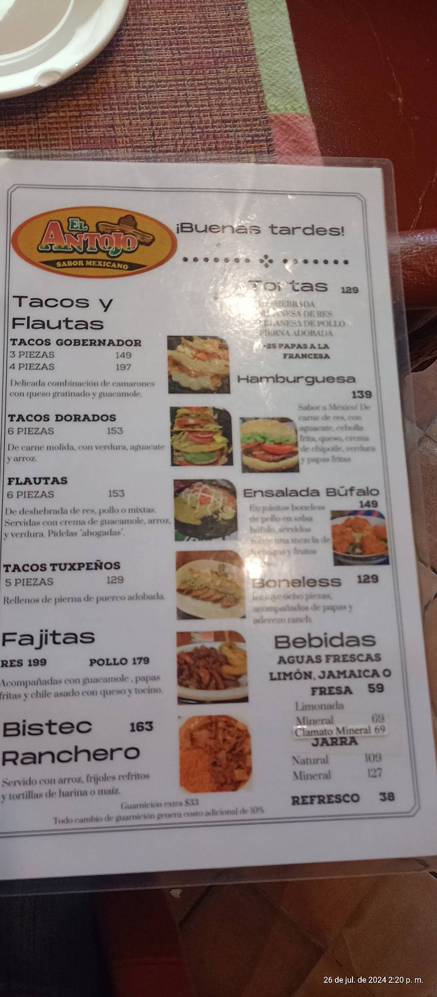 Carta del restaurante El Antojo Sabor Mexicano, Piedras Negras