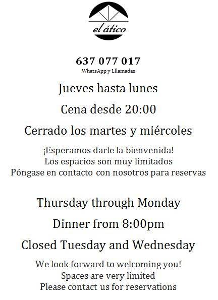 Menu at El Atíco restaurant, Gaucín