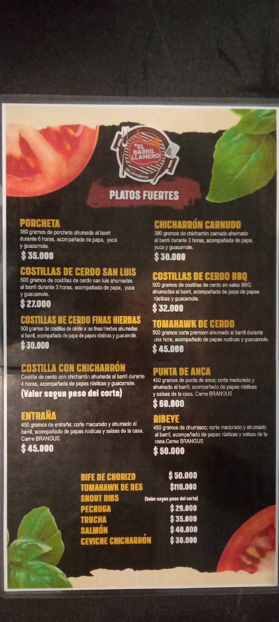 Menu at El Barril Llanero, Villavicencio