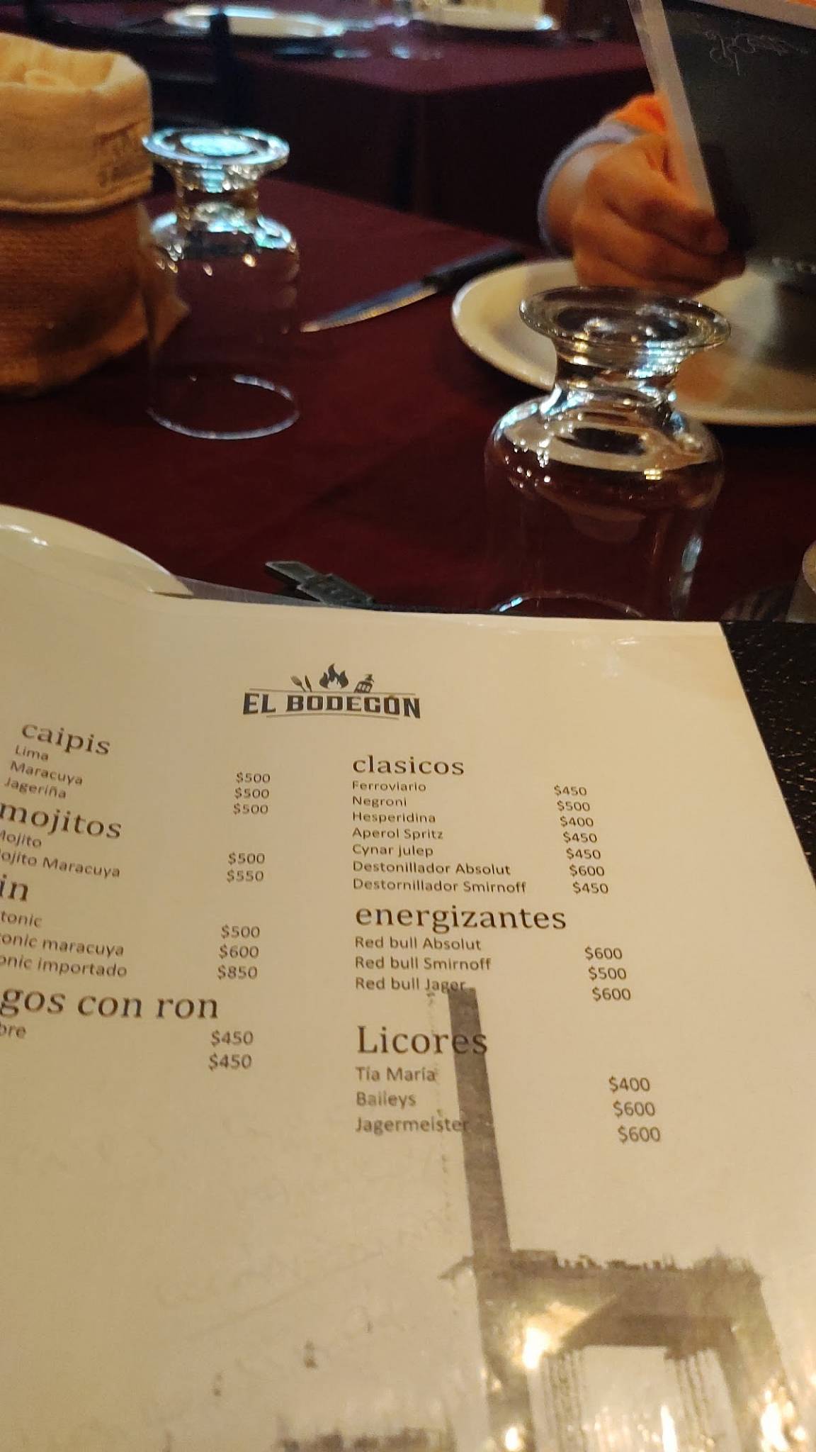 Carta del restaurante El Bodegon, Zarate