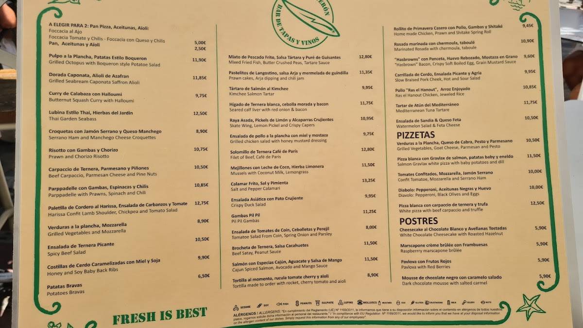 Carta del restaurante El boquerón., Marbella
