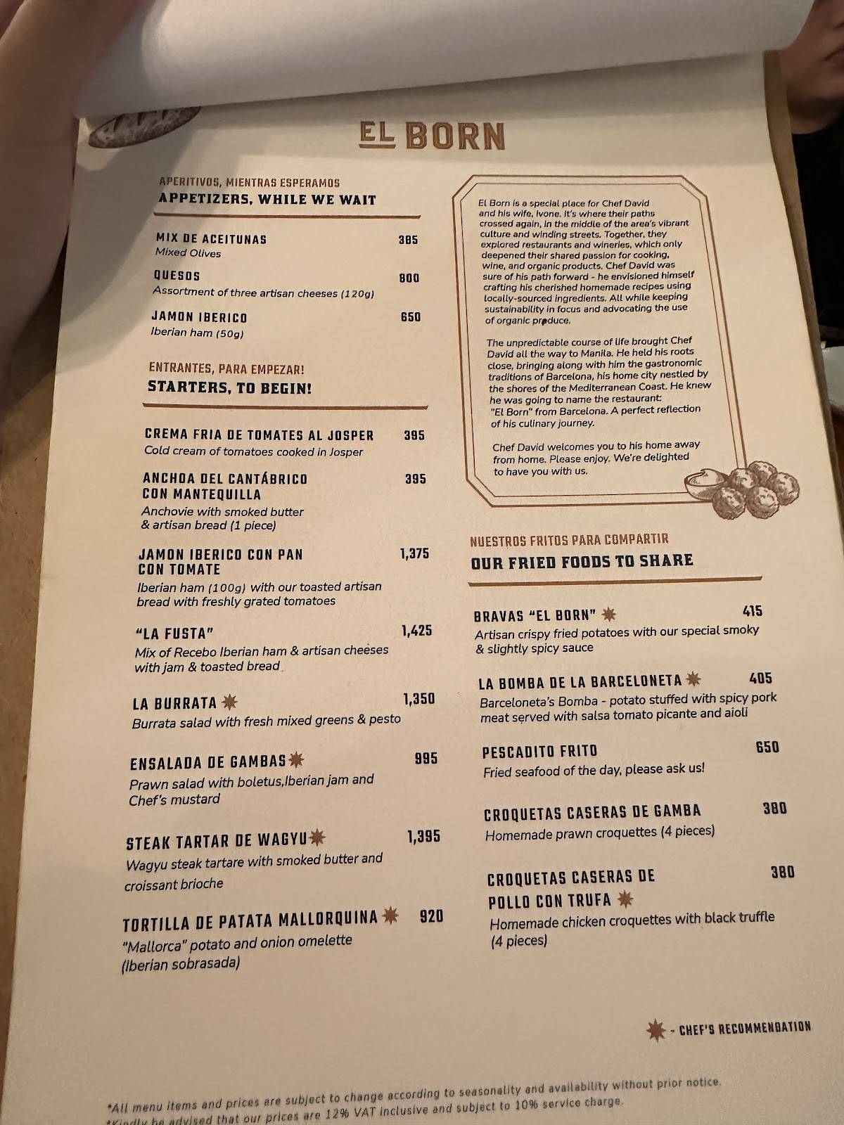 Menu at El Born BGC restaurant, Taguig