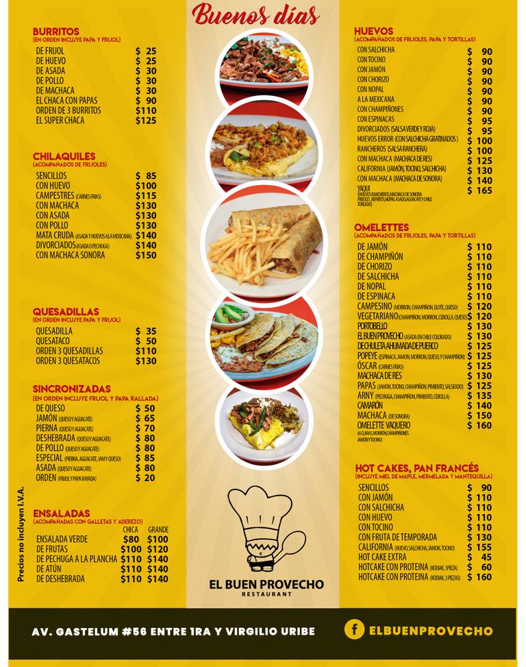 Carta del restaurante El Buen Provecho, Ensenada