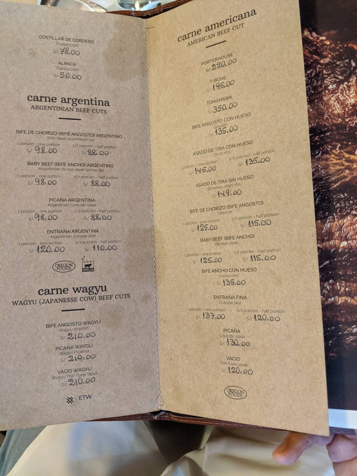 Carta del restaurante El Charrúa, La Molina