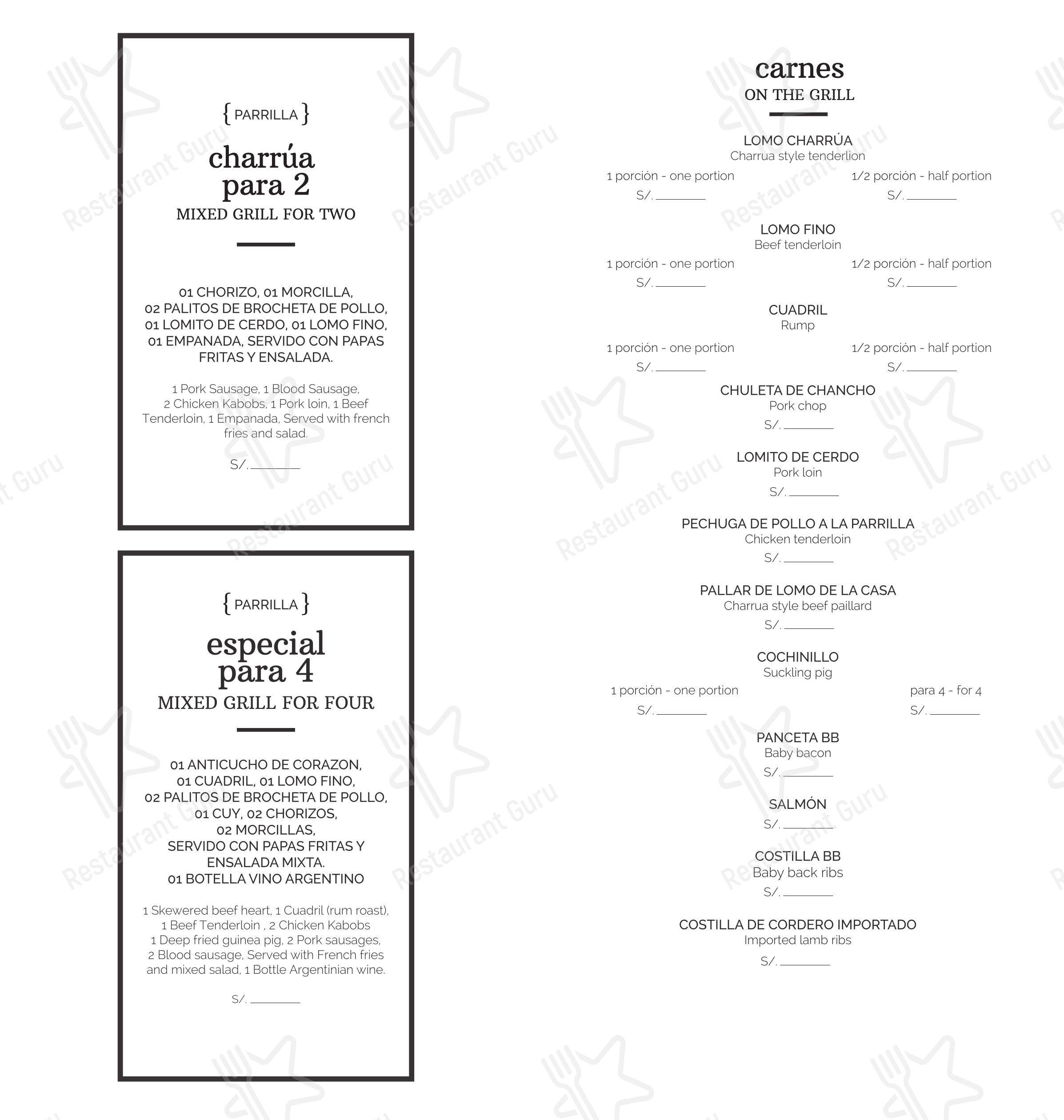 Carta del restaurante El Charrúa, La Molina