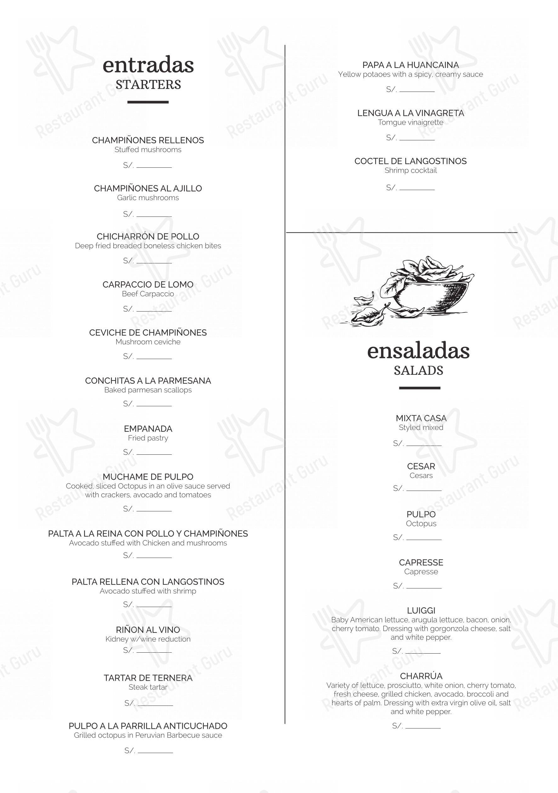 Carta del restaurante El Charrúa, La Molina