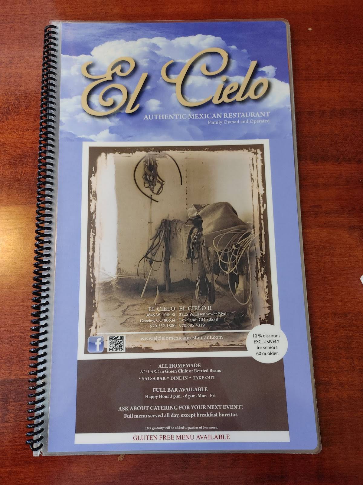 Menu at El Cielo restaurant, Loveland