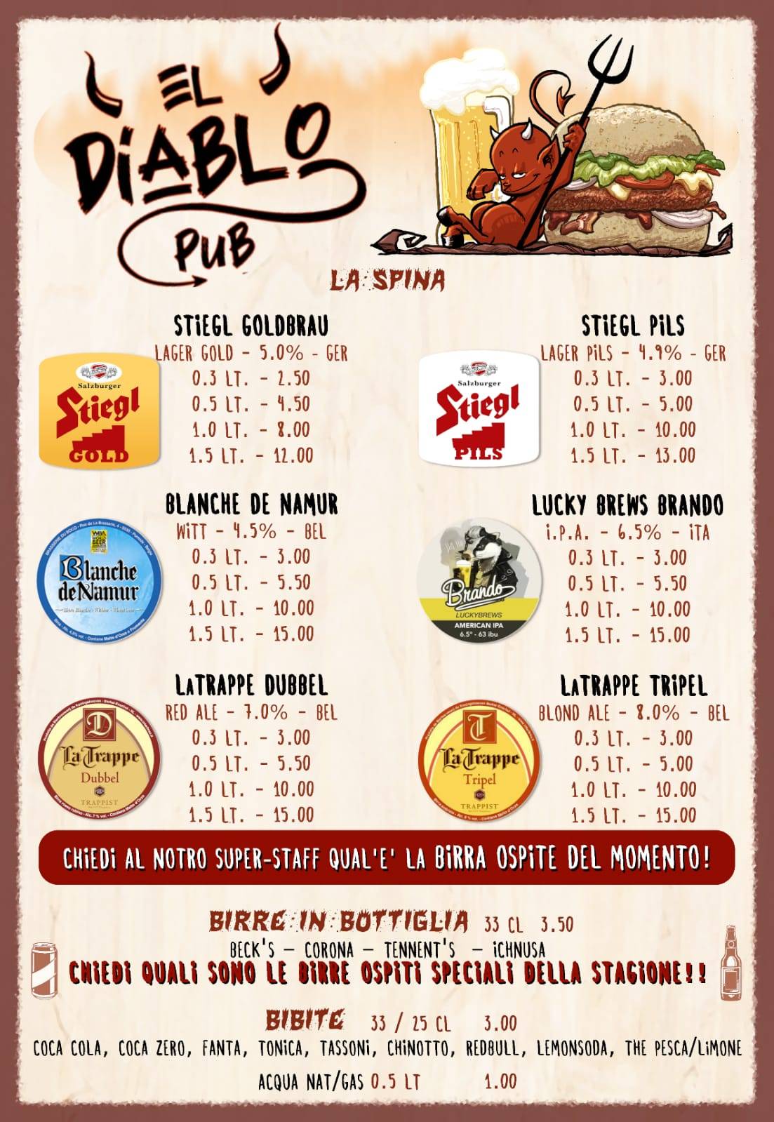 Menu au El Diablo Pub, Arino