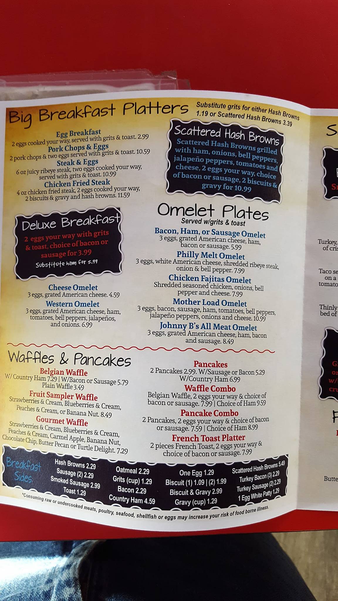 Menu at Johnny B's restaurant, El Dorado