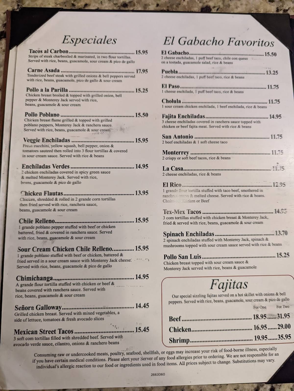 Menu at El Gabacho Tex-Mex Grill restaurant, Arlington