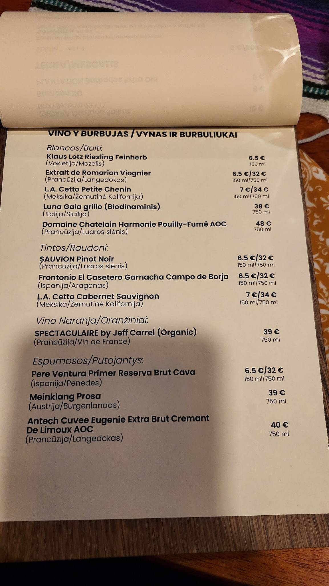 Menu at El Gato Negro restaurant, Vilnius