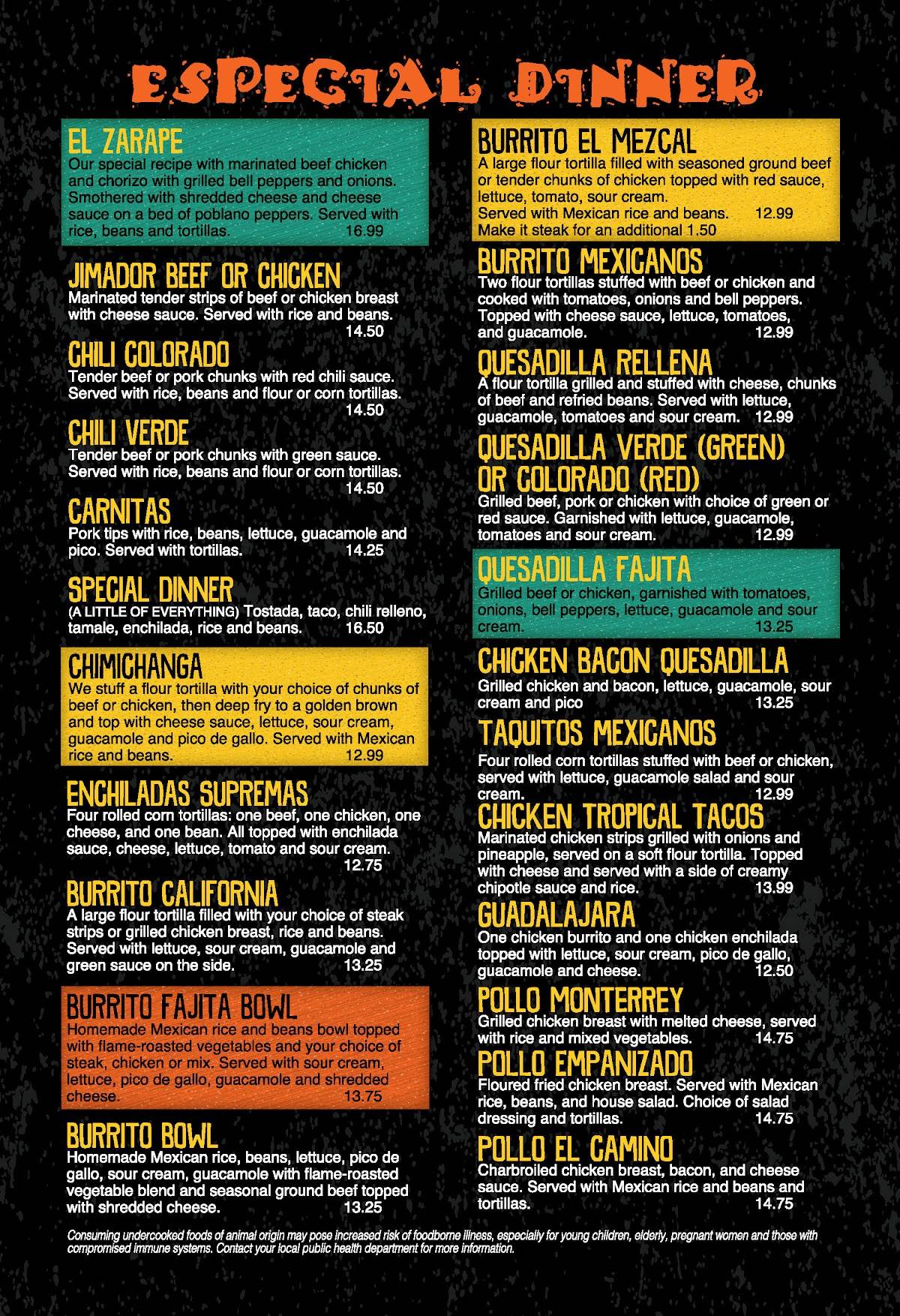 Menu at El Mezcal restaurant, Marshfield