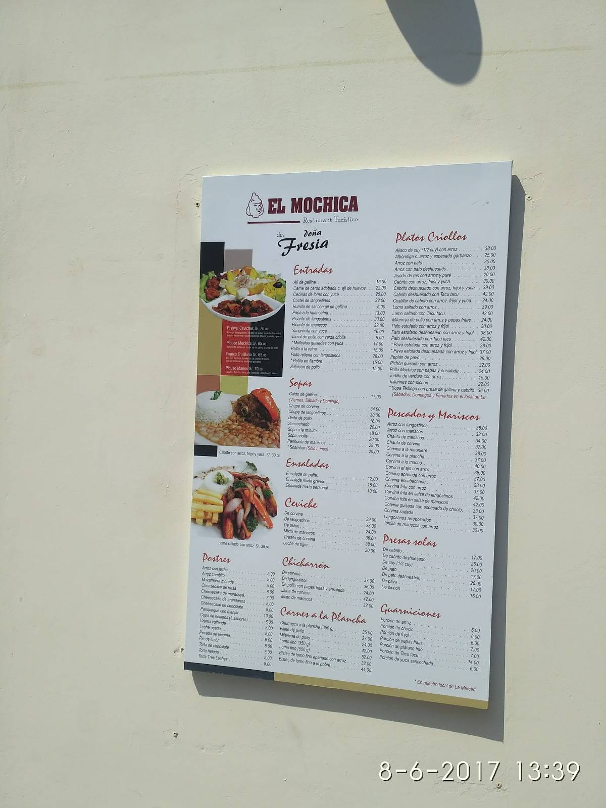 Carta del restaurante El Mochica, Huanchaco, Avenida La Marina 211