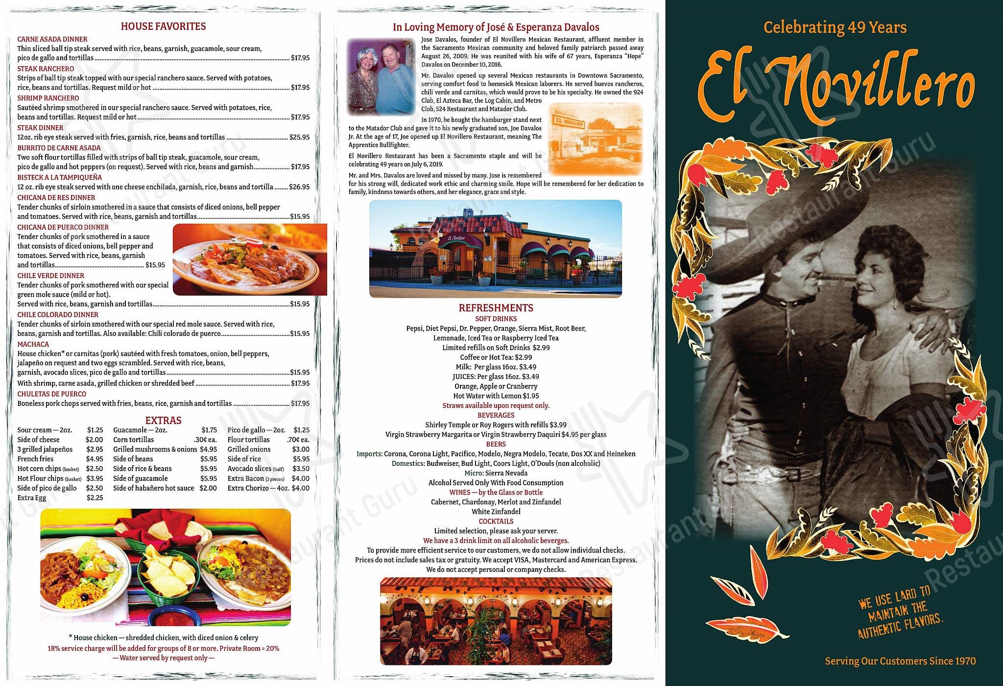 Menu at El Novillero Restaurant, Sacramento