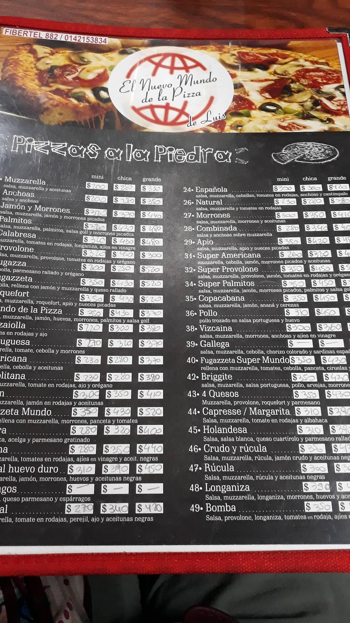 Carta de pizzería El Nuevo Mundo de la Pizza, Martínez