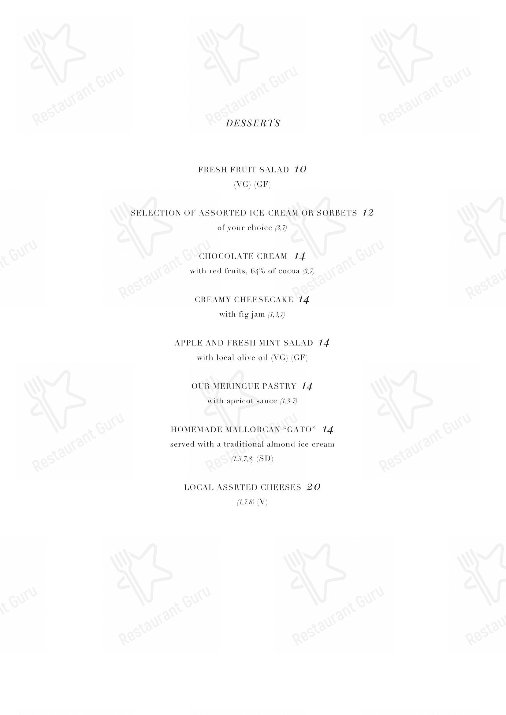 Menu at El Olivo restaurant, Deià