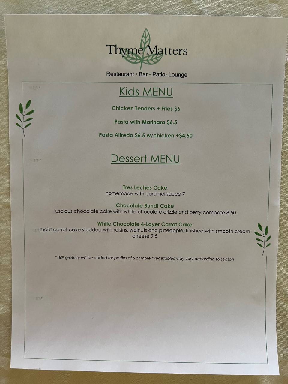 Menu at Thyme Restaurant, El Paso, N Mesa St #24