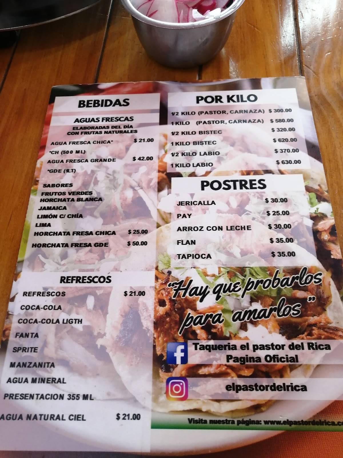 Carta del restaurante El Pastor del Rica, Zapopan