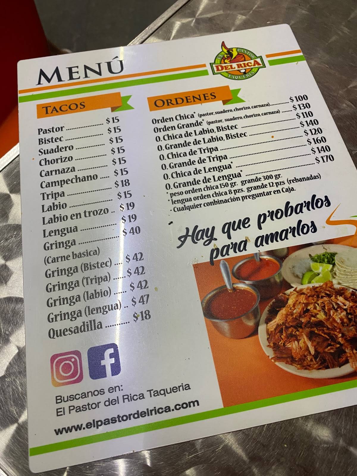 Carta del restaurante El Pastor del Rica, Zapopan