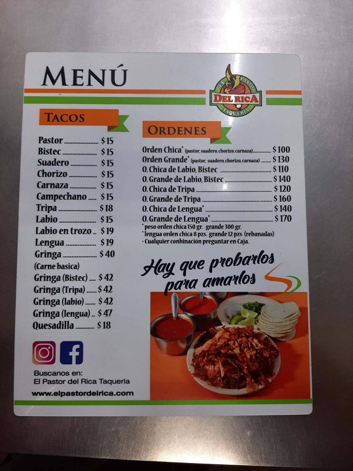 Carta del restaurante El Pastor del Rica, Zapopan