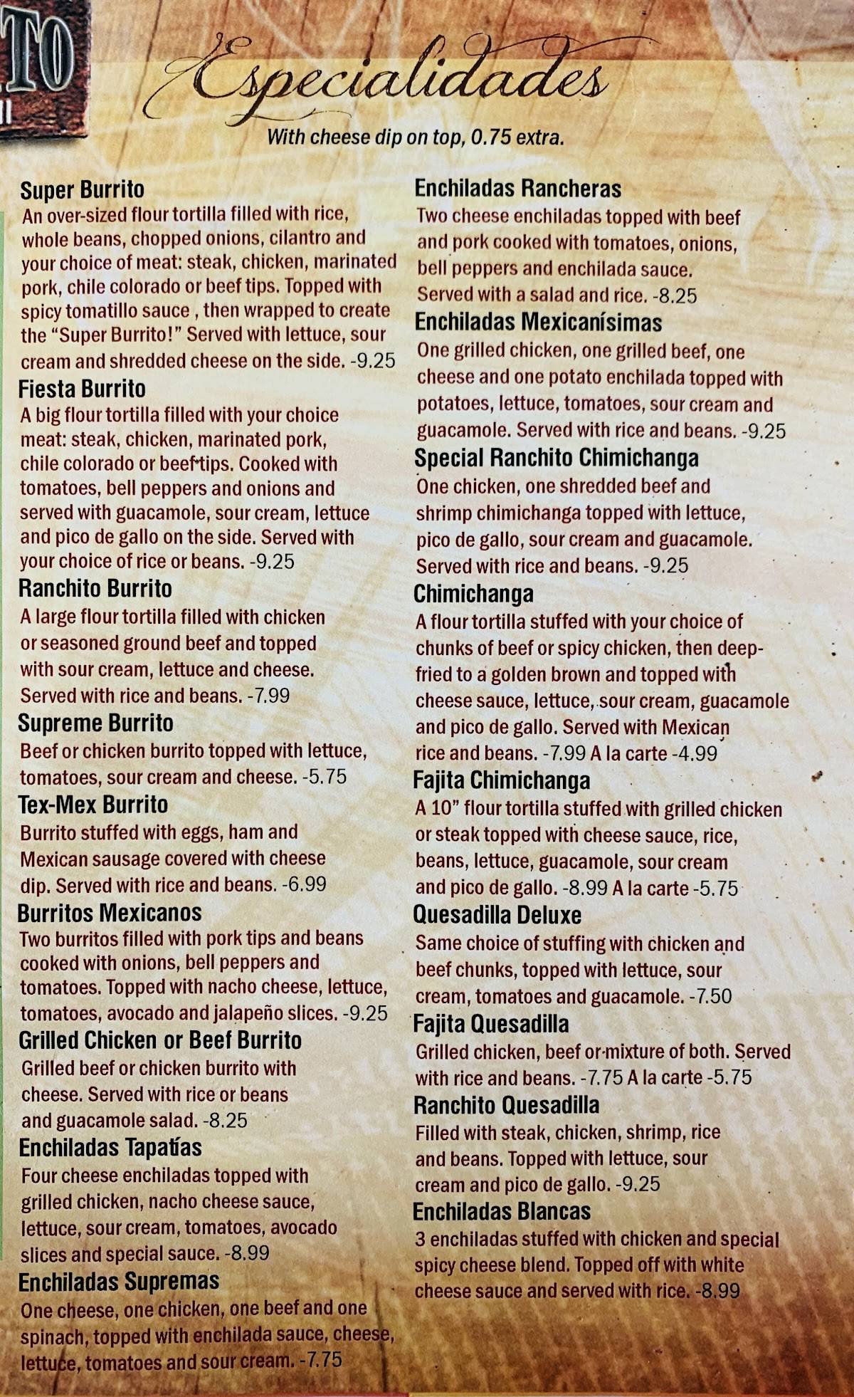 Menu at El Ranchito restaurant, Madison