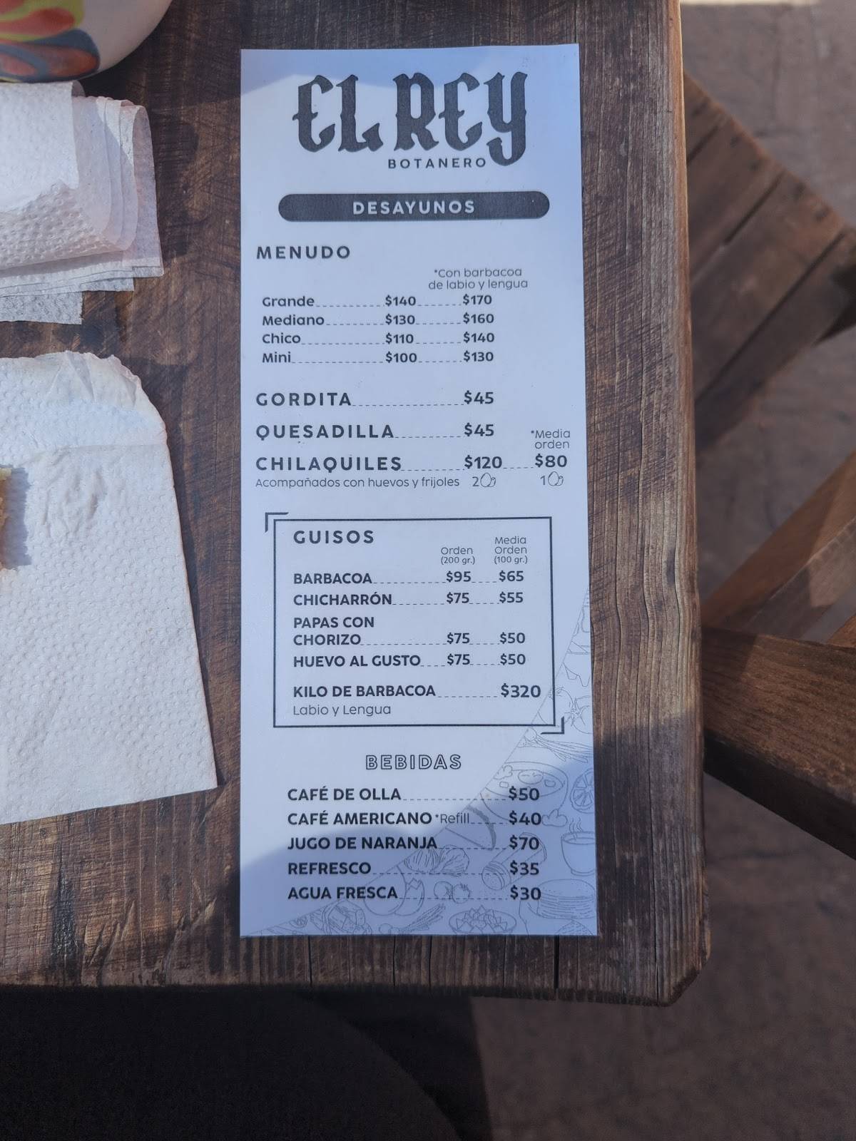 Carta de El Rey botanero restaurante, Guadalajara