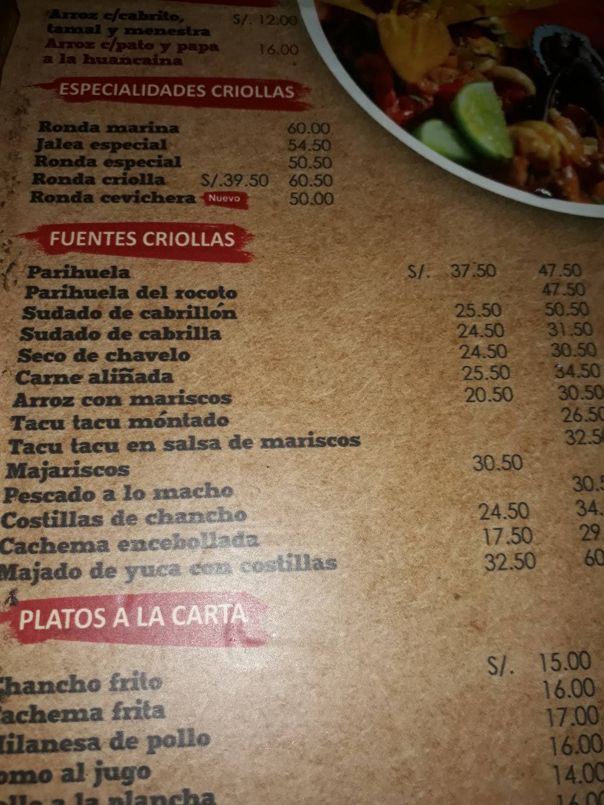 Carta del restaurante ¨El Rocoto¨, Piura