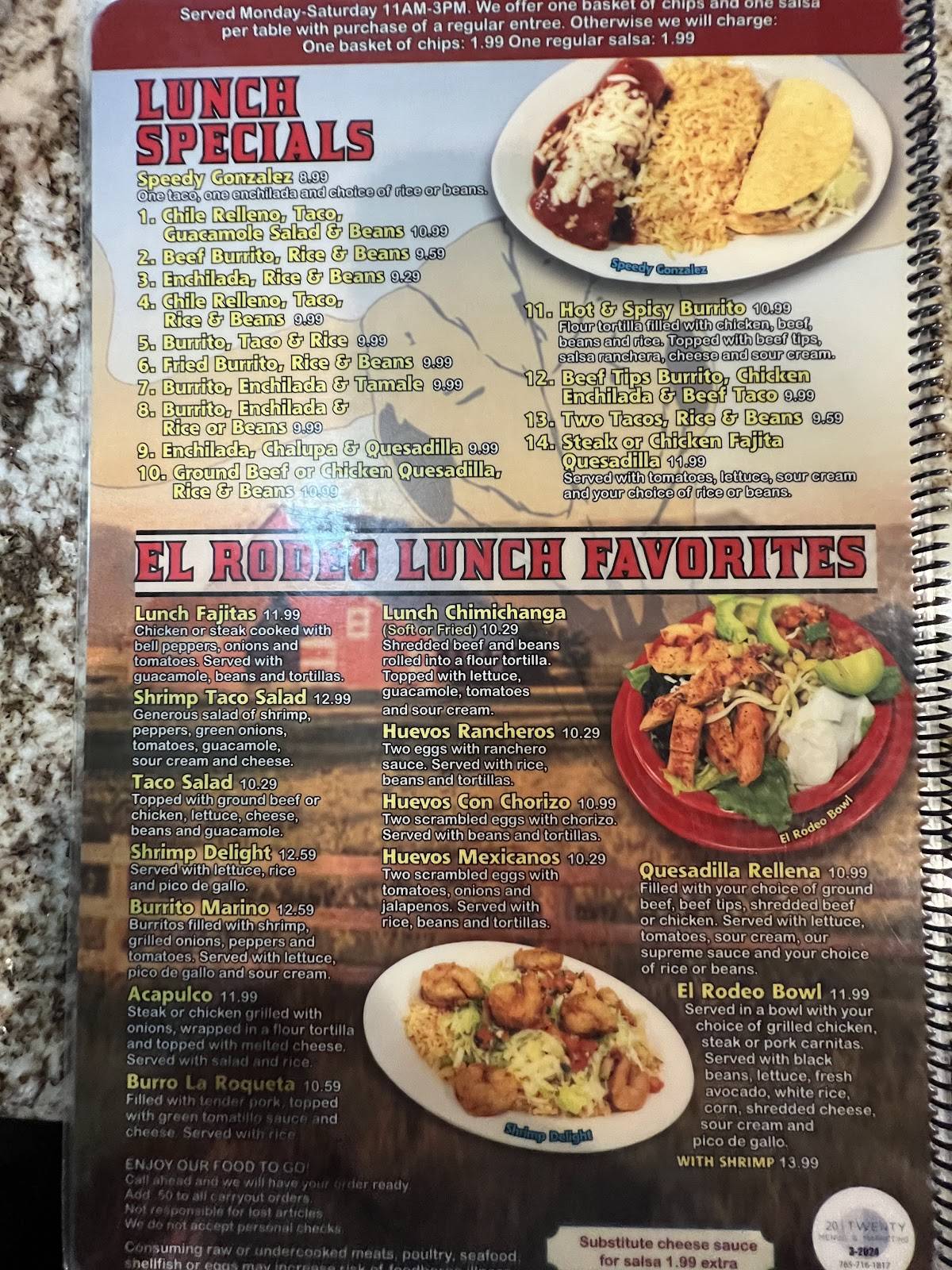 Menu at El Rodeo Mexican Restaurant, Zionsville, Whitestown Pkwy