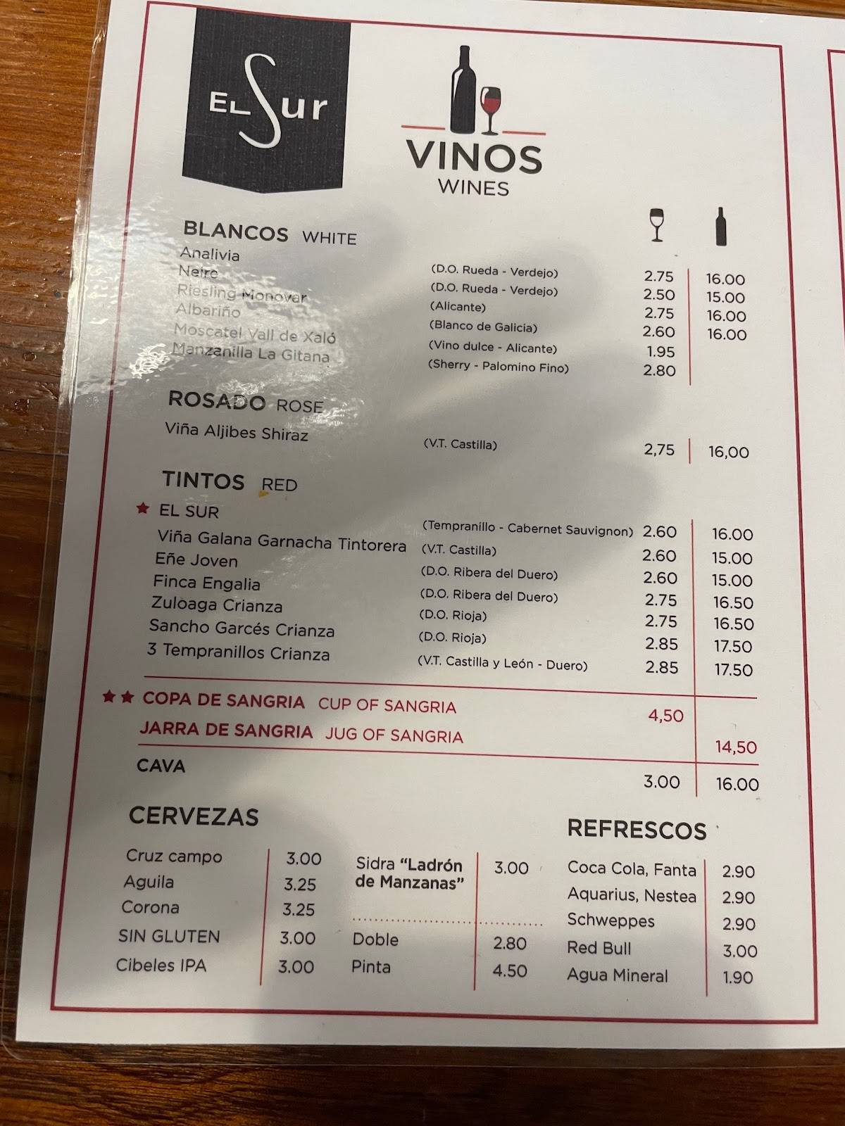 Menu at Taberna El Sur pub & bar, Madrid