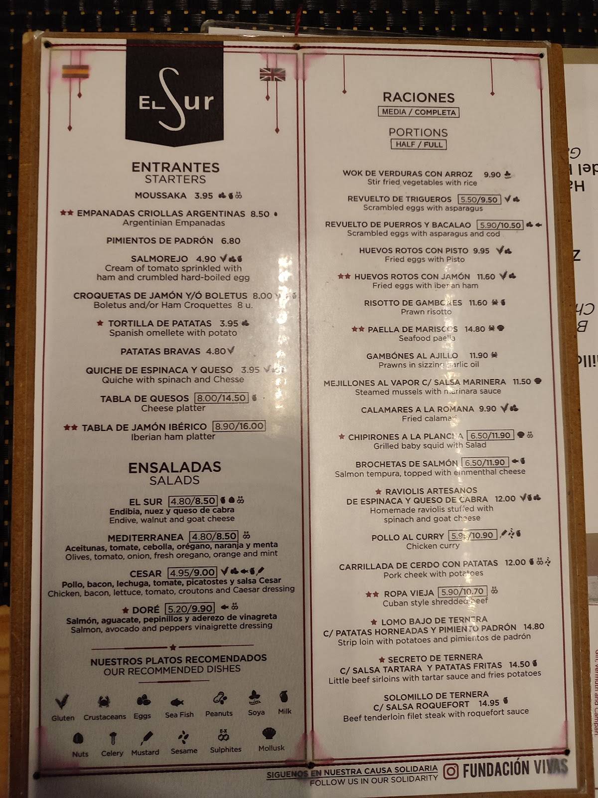 Menu at Taberna El Sur pub & bar, Madrid