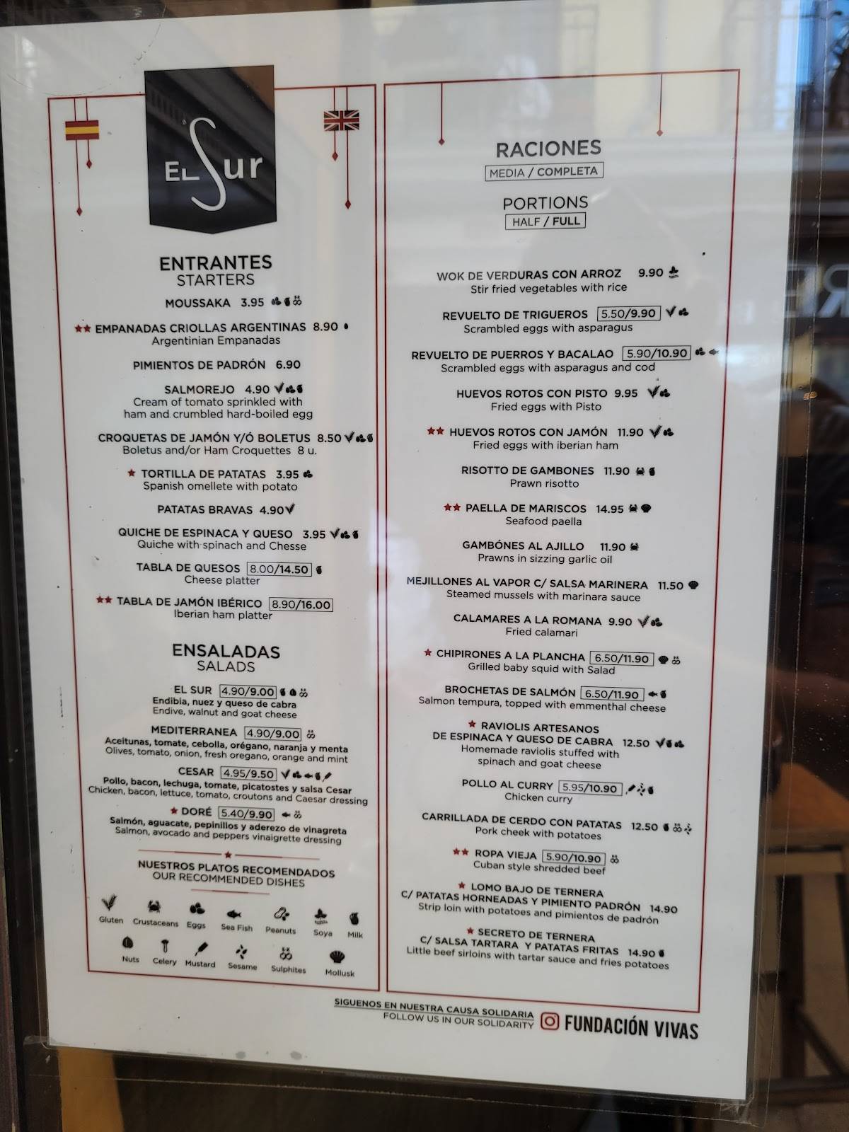 Menu at Taberna El Sur pub & bar, Madrid