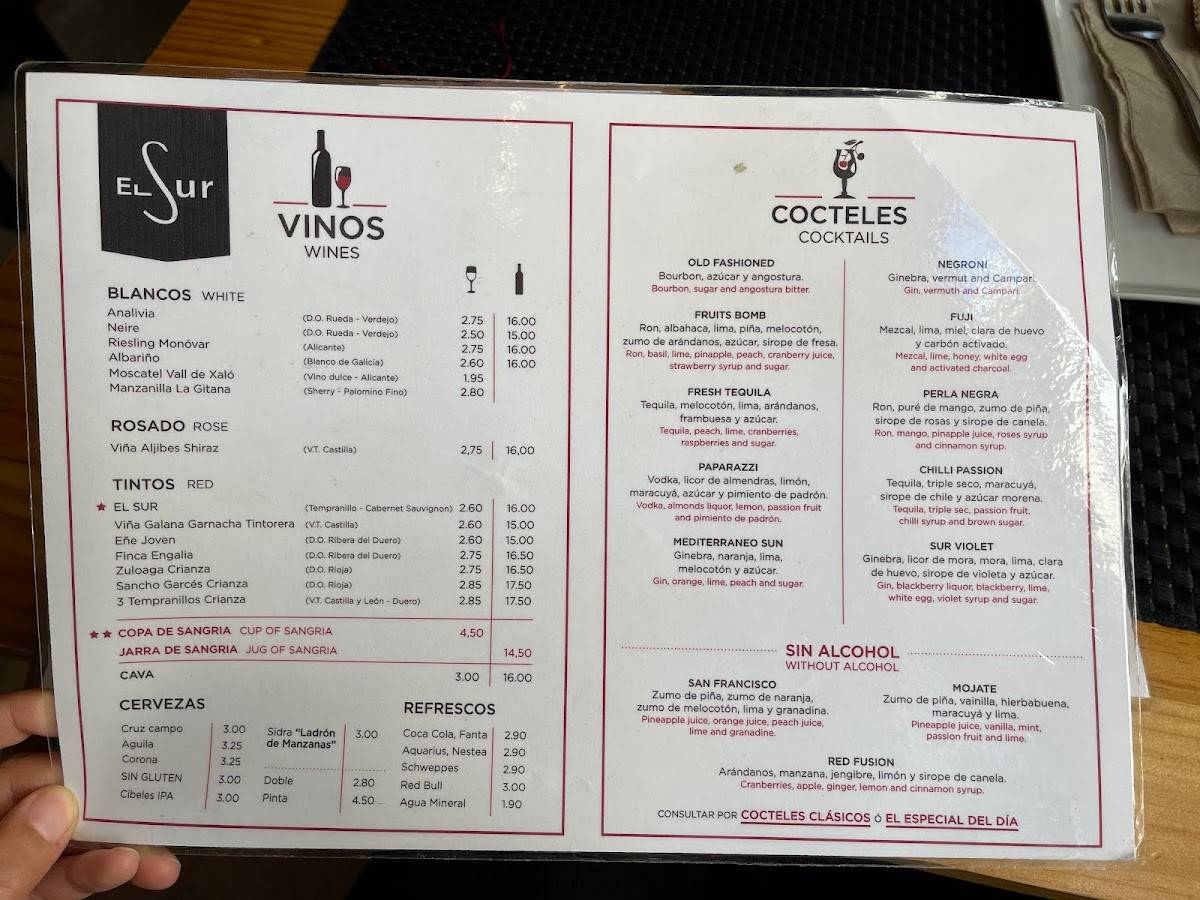 Menu at Taberna El Sur pub & bar, Madrid