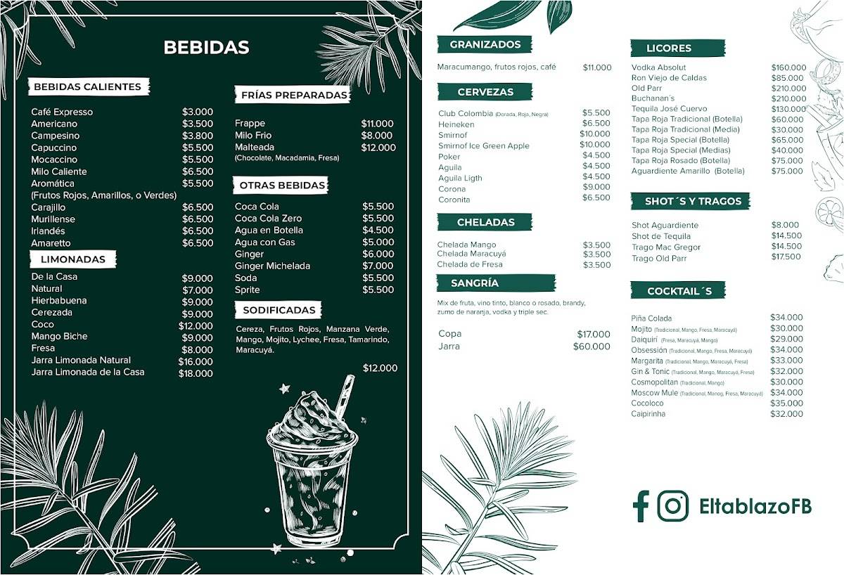 Carta del restaurante El Tablazo, Ibagué, Cl. 10a #3-09