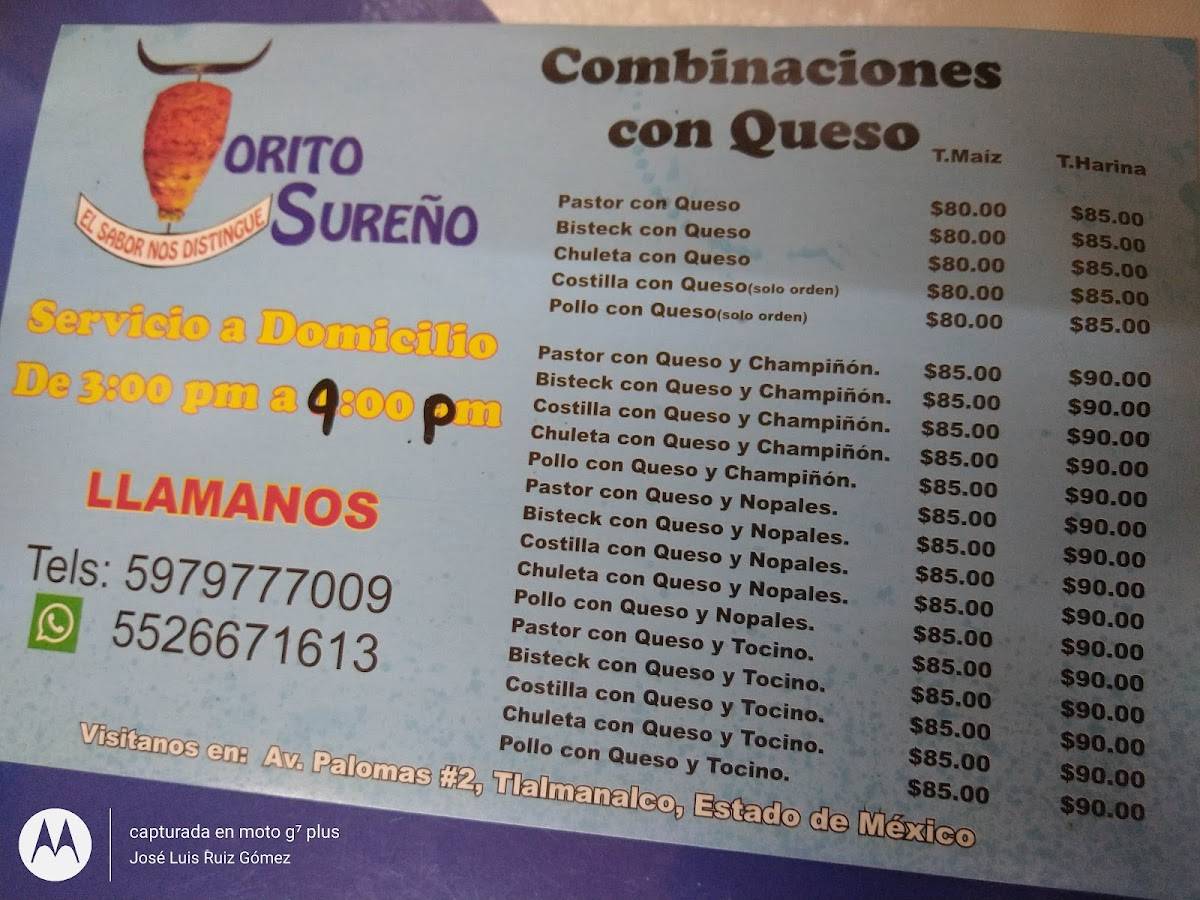 Menu at El Torito Sureño restaurant, Tlalmanalco